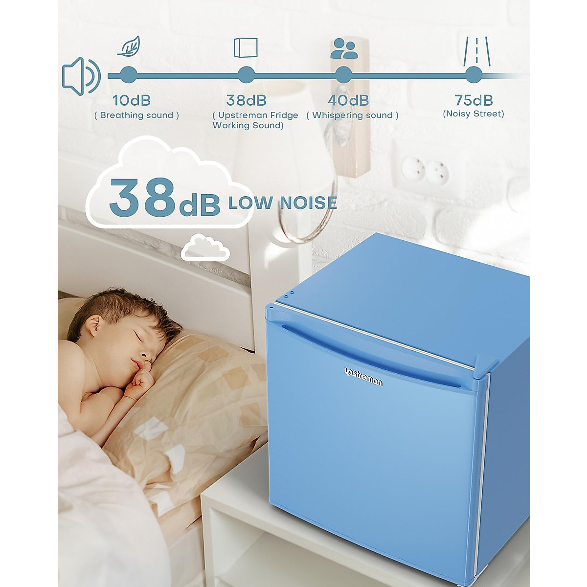Upstreman 1.7 Cu.ft Mini Fridge with Freezer, Dorm Essentials, Adjustable Thermostat, Energy Saving, Low Noise, Single Door Compact Refrigerator for Dorm, Office, Bedroom, Blue-FR17