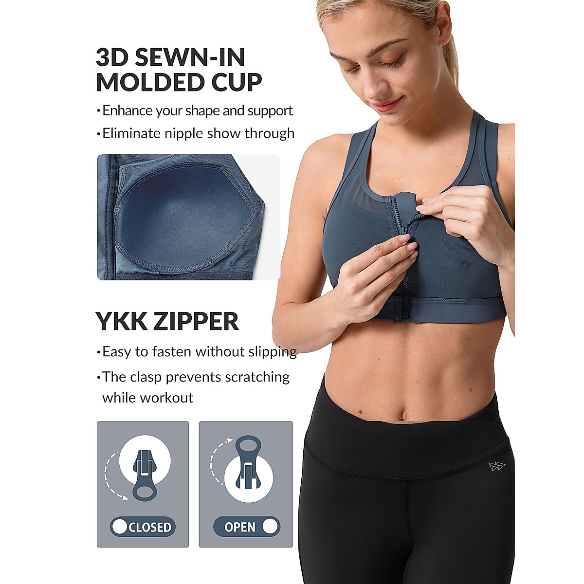 Yvette High Impact Women Sports Bra Front Closure Double Deck Mesh Running Bra for Plus Size, 08AGrey, L(DF)