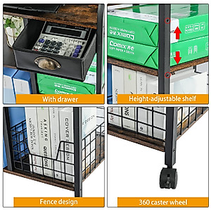 JKsmart Printer Stand with Storage Drawer, 4-Shelf Rolling Printer Cart with Wheels, Mobile Printer Table with Adjustable Shelf for Home Office (Brown & Black)