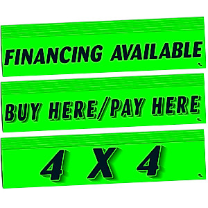 Versa Tags Windshield Slogan Stickers 12 Pack of FINANCING Available Stickers 12 Pack of Buy HERE Pay HERE Slogans 12 Pack of 4X4 Window Stickers (36) Dealership Stickers Black On Green