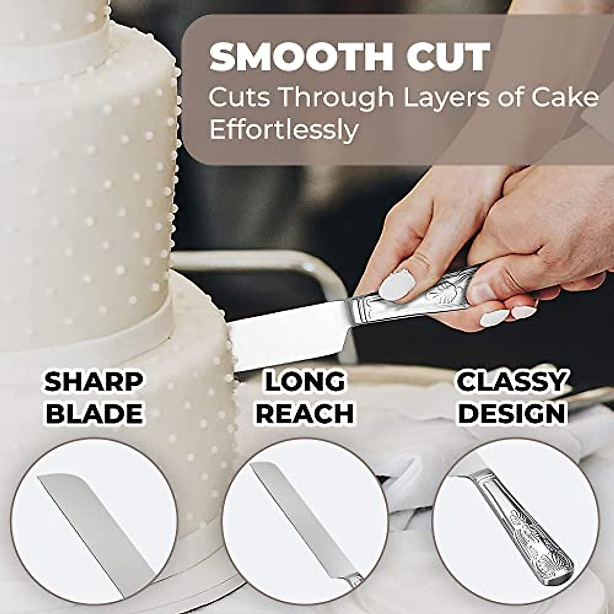 Orblue Wedding Cake Knife and Server Set - Premium, Beautifully Engraved Cutting Set - Elegant Keepsake for Newlyweds Silver