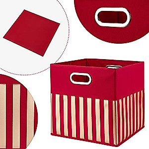 HSDT Fabric Storage Cube Bins 13x13x13 Inch Foldable Boxes Red Cloth Basket with Golden Strip Pattern for Shelves or Closet Organzier,QY-SC33-3