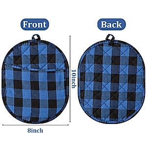 GROBRO7 5Pcs Pot Holder with Pockets Cotton Black and Blue Plaid Oval Potholder Machine Washable Oven Mitt Heat Resistant Hot Pad Multipurpose Potholders for Kitchen Baking Cooking Grilling 10 x 8 in