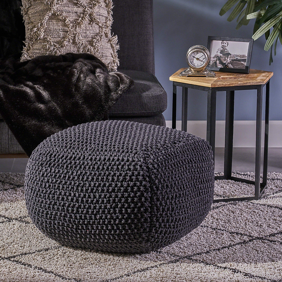 Christopher Knight Home Joyce Knitted Cotton Square Pouf, Dark Grey Small