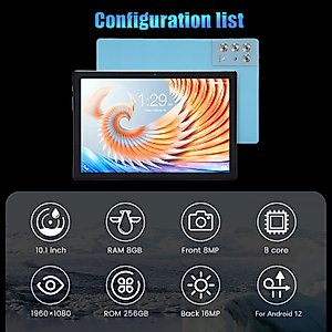 Zunate Android 12 Tablet, 10.1 inch WiFi Tablets 8GB RAM 256GB ROM, Quad Core Processor Tableta Computer with Dual Camera, 7000mAh Battery, 1960x1080 FHD Touchscreen