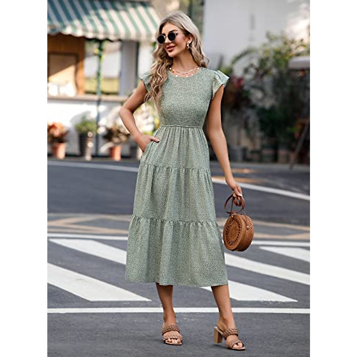 Hount Smocked Bohemian Dresses for Women Plus Size Casual Flowing Summer Modest Beach Dress with Pockets (FL1,XL)