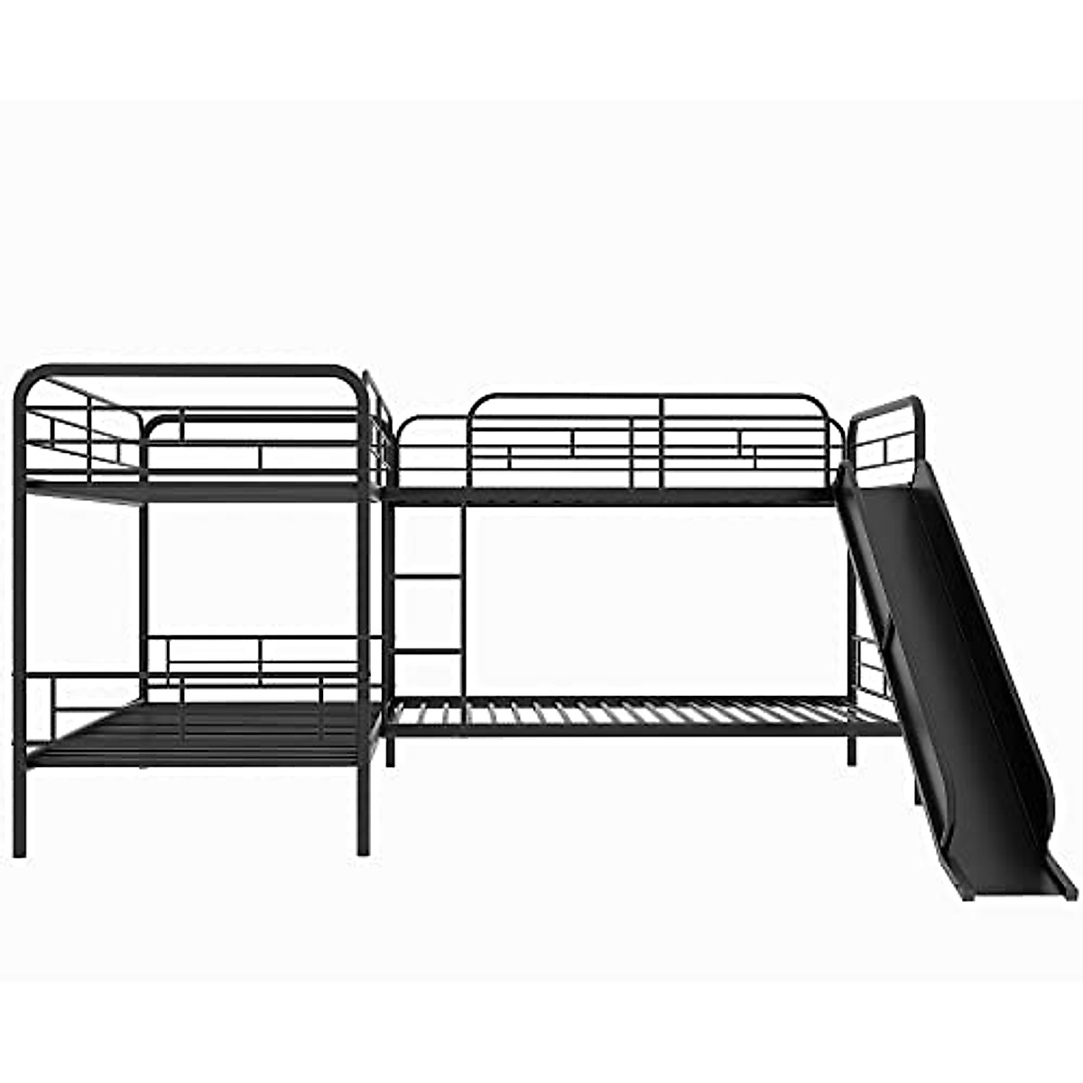 MOEO Twin Size L-Shaped Bunk Bed with Slide, Metal Bunkbed Frame w/Ladder & Safety Guardrail for 4, Bedroom, Home, No Spring Box Needed, Black