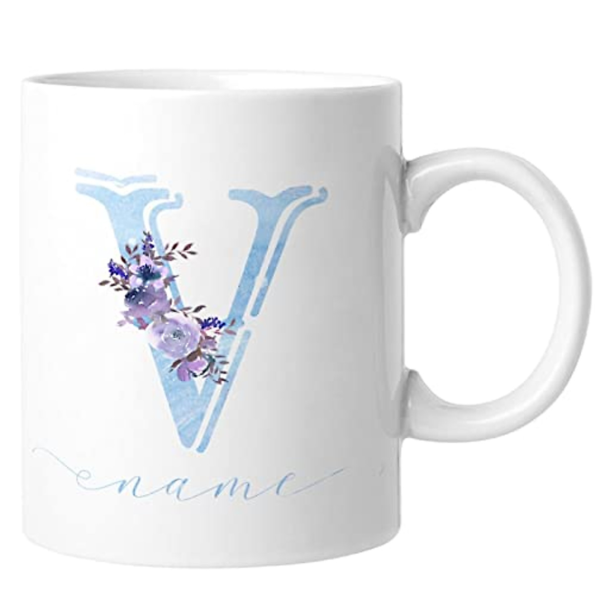 Monogram Letter V Coffee Mugs Watercolor Blue Letter Purple Flower Funny Coffee Mugs Alphabet Letters Ceramic Cup White Drinking Cups with Handle Novelty Gift For Espresso Latte Milk Tea 11oz