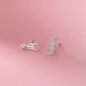 Cute CZ Hollow Violin Tiny Small Stud Earrings for Women Teen Girls Cartilage Tragus Sensitive Ear S925 Sterling Silver Mini Piercing Post Personalized Fashion Jewelry Hypoallergenic Minimalist Gifts