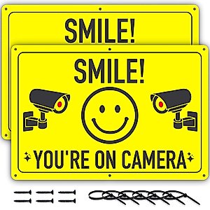 ASSURED SIGNS Smile You're On Camera Sign - 11.75 X 8 Inch - 2 Pack - Ideal Aluminum Video Surveillance Security Signs to Prevent Trespassing on Private Property - Perfect for House, Business, Yard or Private Driveway