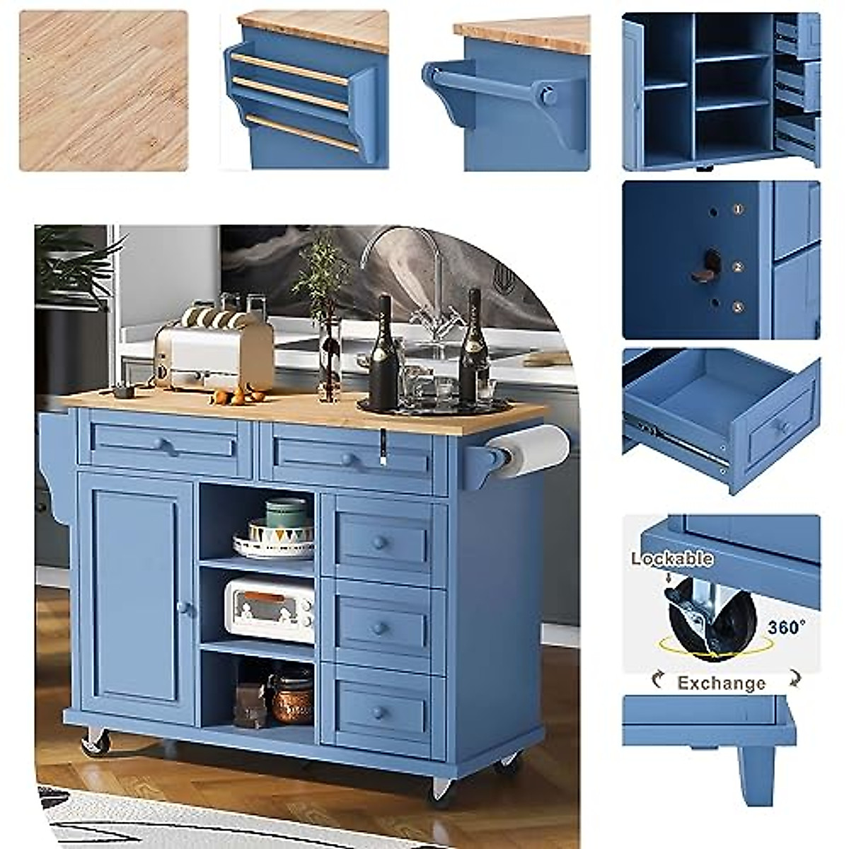 OTRIEK Kitchen Island, Kitchen Cart for Home with Rubber Wood Desktop, Rolling Serving Utility Trolley Cart on Wheel with Storage and 5 Draws, Kitchen Serving Cart for Dining Room, Bar (AAG-Blue)