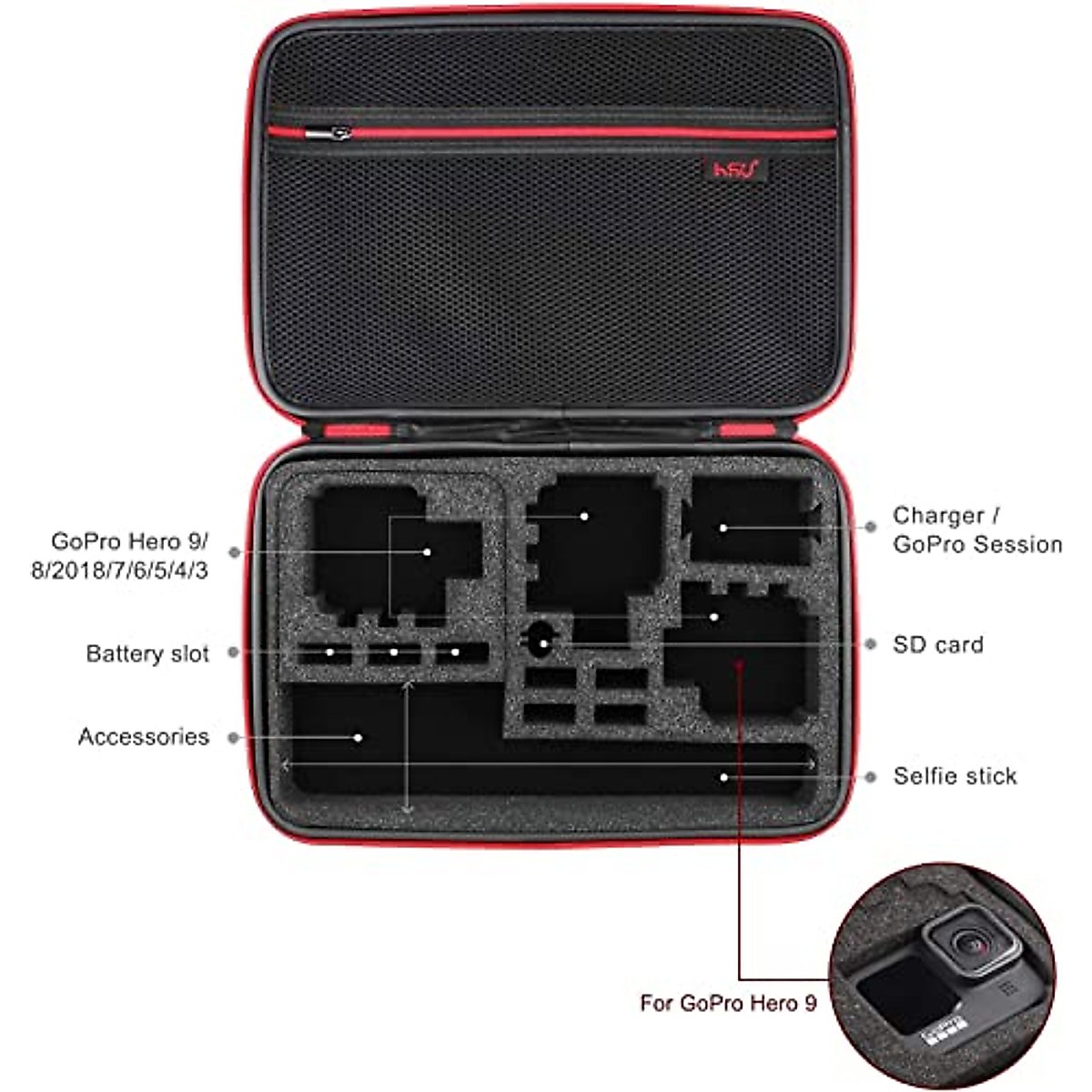 HSU Large Carrying Case for GoPro Hero 11, 10, 9, Hero 8, 7 Black,HERO6,5,4,+LCD, Black, Silver, 3+, 3, 2 and Accessories with Fully Customizable Interior Carry Handle and Carabiner Loop