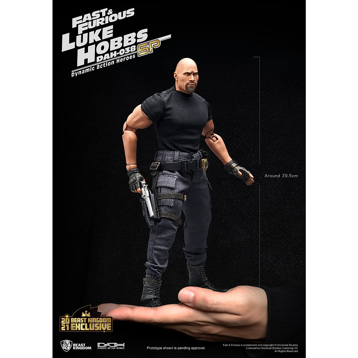 The Rock Action Figure As Luke Hobbs Limited Edition Fast and Furious - Model DAH-03 Fabric Clothing - Heavy Machine Gun, Ammo Box, Pistol, 4 Hands - Merchandise by Beast Kingdom