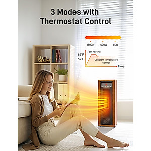 Air Choice Infrared Heater, 1500W Space Heater for Indoor Use with Thermostat, Remote, 3 Modes, 12H Timer, Fast Heating, Tip-over & Overheat Protection, Child Lock, Tower Heater for Bedroom, Office