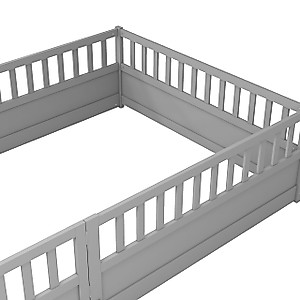 CITYLIGHT Full Floor Bed with High Rails, Wood Montessori Floor Bed with Door Design, Kids Full Bed Frame for Boys Girls Children,No Bed Slats,Grey