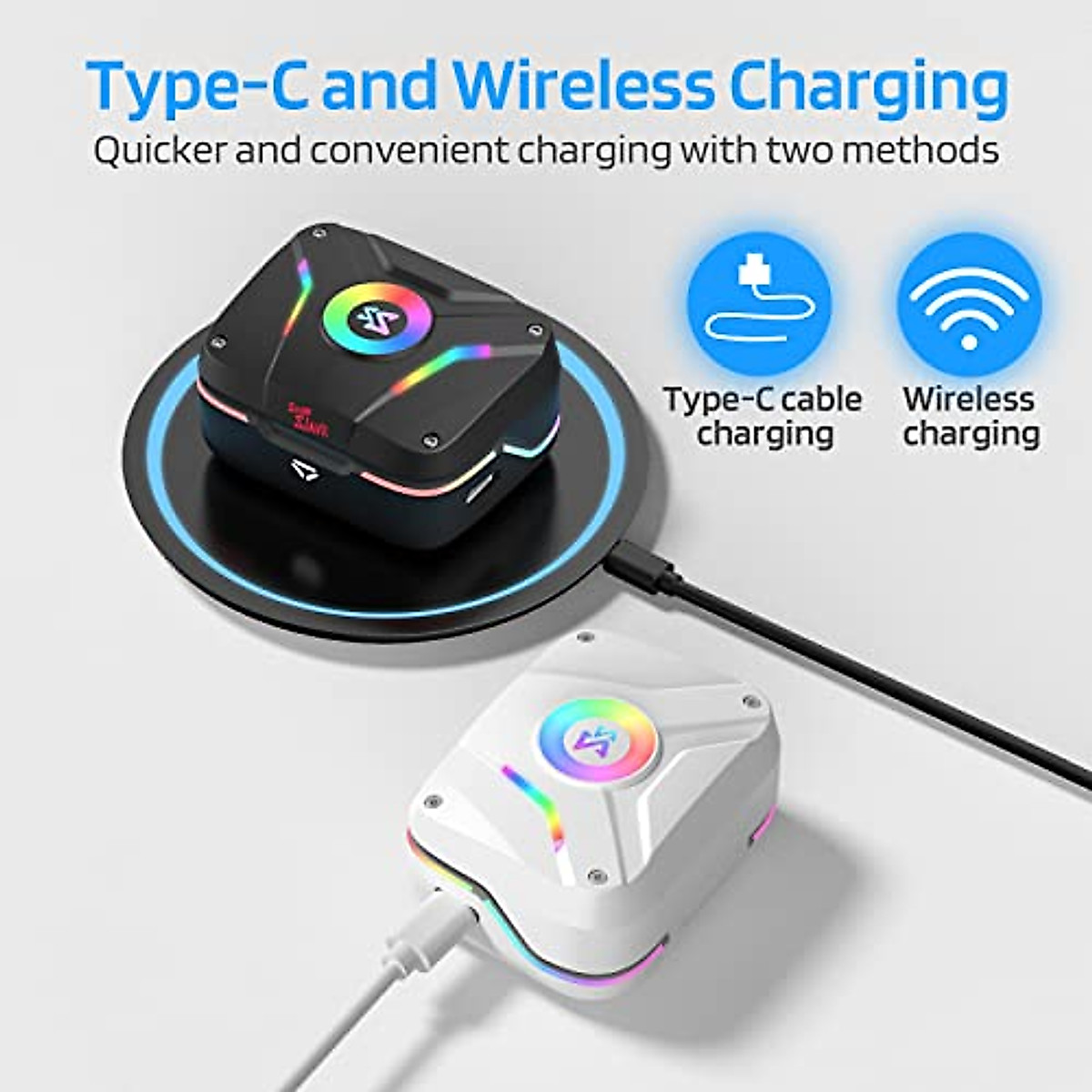 LTC SS-503 TWS Wireless Earbuds, Bluetooth 5.1 in-Ear Earphones with Wireless Charging Case IPX4 Waterproof, Built-in Mic RGB Stereo Headphones for Sport, Gaming, Black