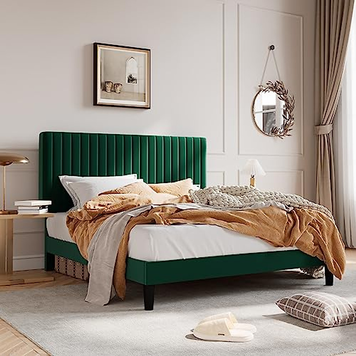 SHA CERLIN Queen Upholstered Platform Bed Frame with Vertical Channel Tufted Velvet Fabric Adjustable Headboard, Wooden Slats Support, Mattress Foundation, Box Spring Optional, Green