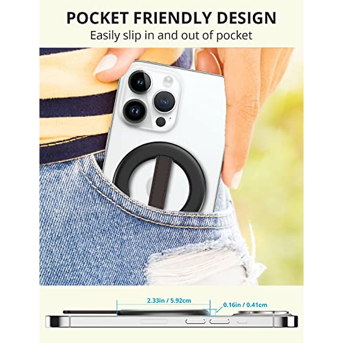 SUPMEGA Phone Grip, Phone Hand Holder & Stand with Collapsible Leather Finger Loop, Sticky Comfortable Slim Phone Gripper for Back of Phone, Fits All Phones