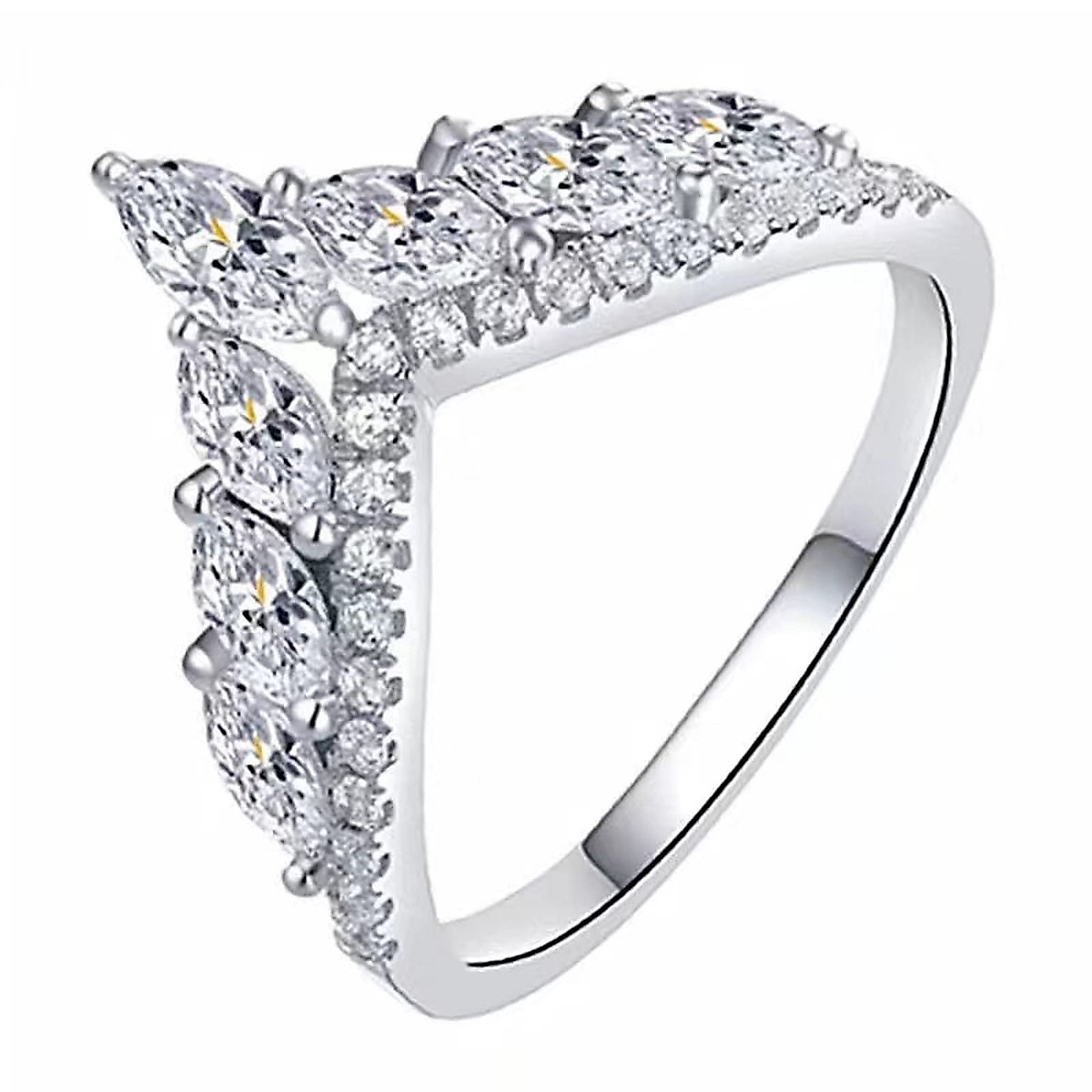 Fashion V-Shaped Crown Ring Princess Engagement Promise Ring Sparkling Wishbone Cubic Zirconia Ring in Sterling Silver Cubic Zirconia Eternity Band Wishbone CZ Stacking Engagement Ring for Women (9)