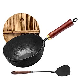 WANGYUANJI Handmade Cast Iron Wok,Non-Coated Stir Fry Pan,8.6-Inch Iron Pot with Lid and Spatula,Suitable for Home Cooking, Compatible with Induction, Gas, and Electric Ceramic Cooktops