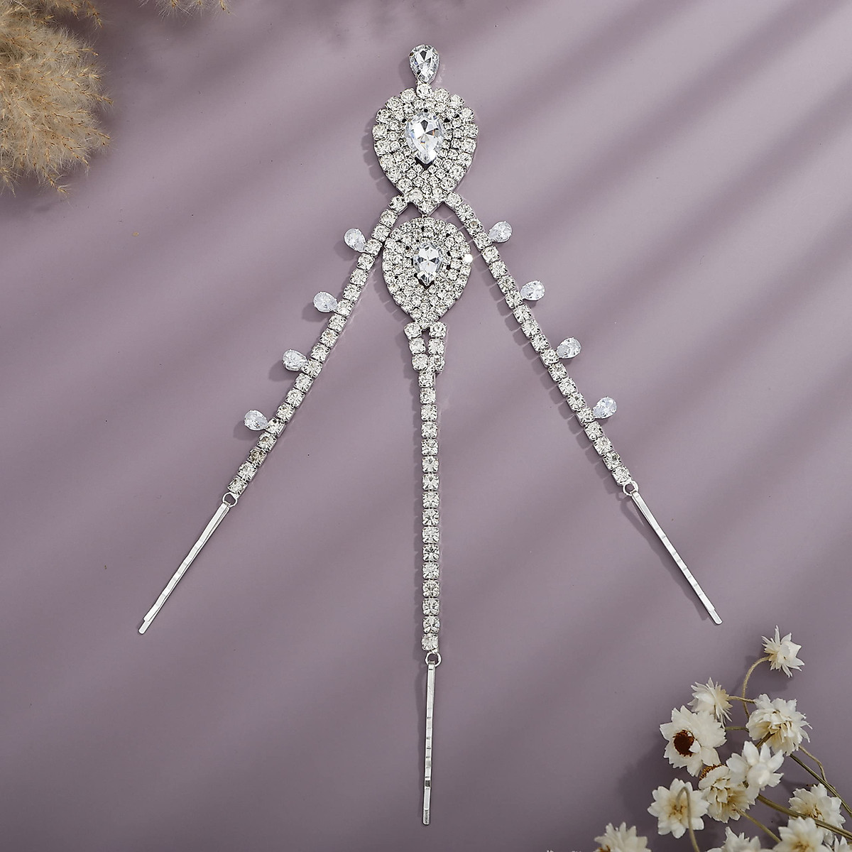 YERTTER Wedding Silver Rhinestone Head Chain With Clip Jewelry Forehead Tassel Fringe Headband Headpiece Crystal Chain Headband Hair Accessories for Women Brides Prom Costume(Silver 2)