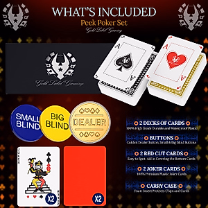 Gold Label Casino Poker PEEK Playing Cards - 100% Plastic Waterproof, Flexible PVC Standard Cards, Black/Gold Double-Deck Set, with Gold Dealer, Small and Big Blind Button, and Red Plastic Cut Cards