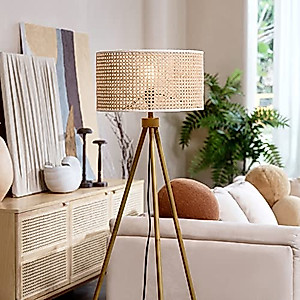 Globe Electric 65914 60" Floor Lamp, Faux Wood Tripod Base, Rattan Shade, On/Off Rotary Switch on Socket