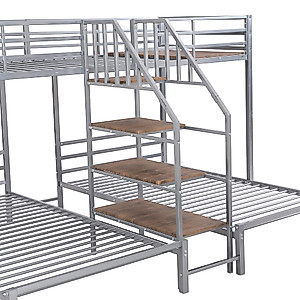 Harper & Bright Designs Triple Bunk Beds with Stairs, Metal Twin Over Twin & Twin Bunk Beds with Storage Shelves,3 Bed Bunk Beds for Kids, Girls, Boys,Teens,Silver