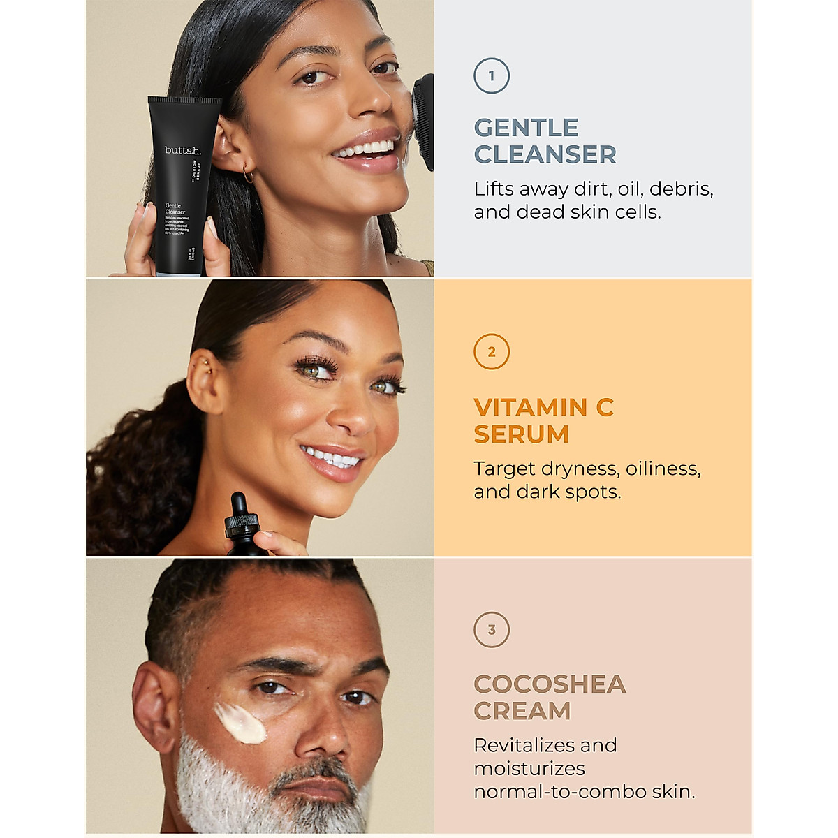 Buttah Skin Transforming Kit for Melanin Rich Skin | CocoShea Revitalizing Cream 2 oz | Vitamin C Serum 1 oz | Buttah Cleanser 3.4 oz | Black Owned Skincare