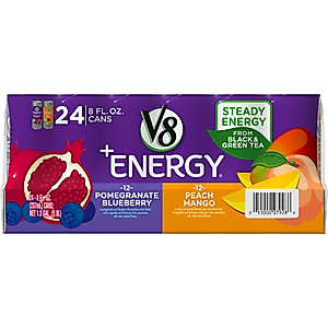 V8 +Energy Variety Pack, Healthy Energy Drink, 12 Pomegranate Blueberry and 12 Peach Mango, 8 Oz Can)