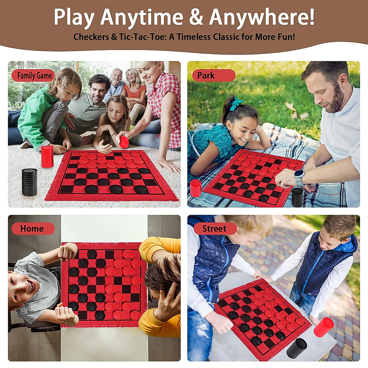 Giant Checkers Board Games, 3 in 1 Tic Tac Toe Board Game with 24 Checker Pieces Reversible Rug - Indoor and Outdoor Games for Family & Party -Gift Ideas for Teen Boys, Kids, Adults