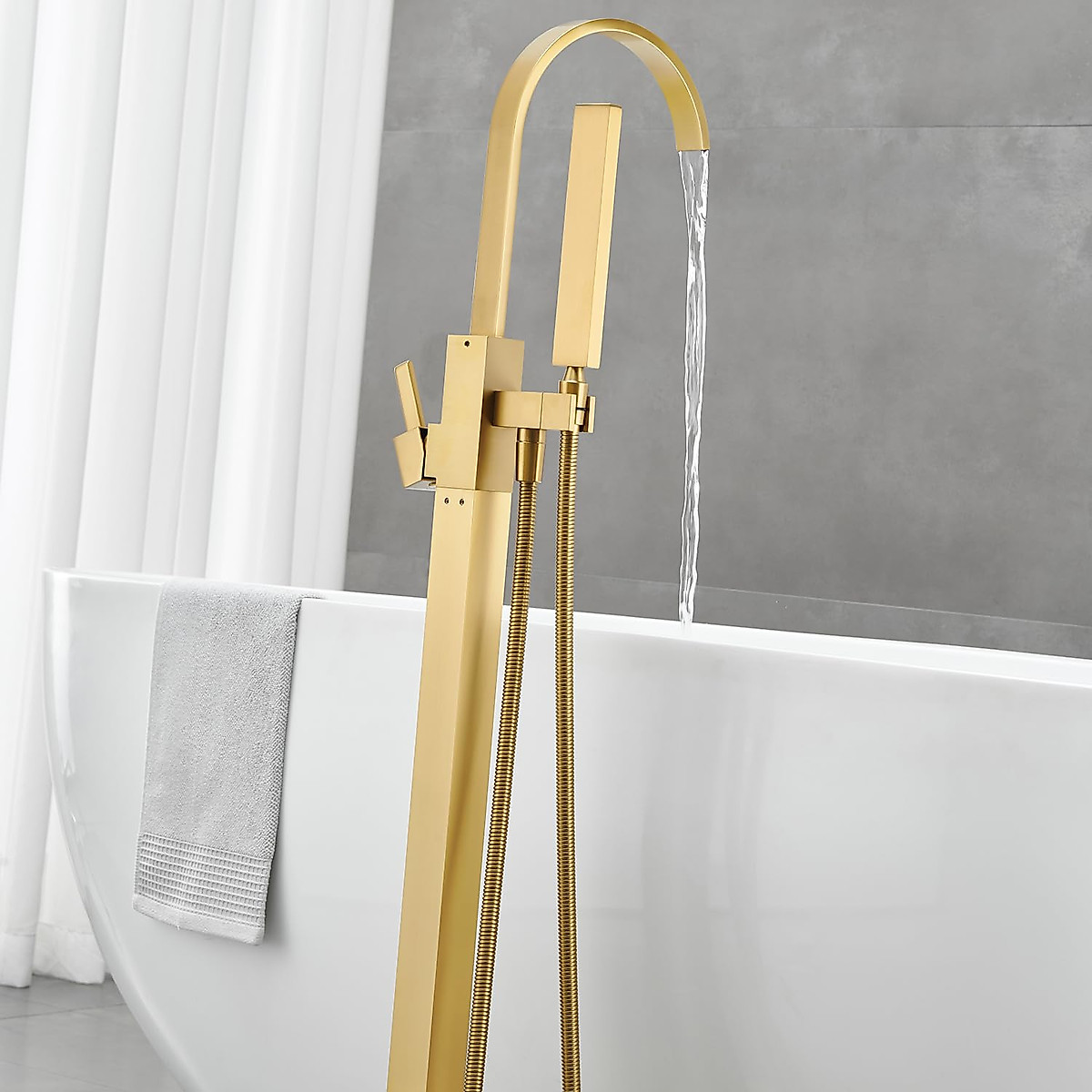 Artiqua Freestanding Bathtub Faucet Floor Mount Tub Filler Brushed Gold Brass Bathroom Faucets Single Handle with Hand Shower