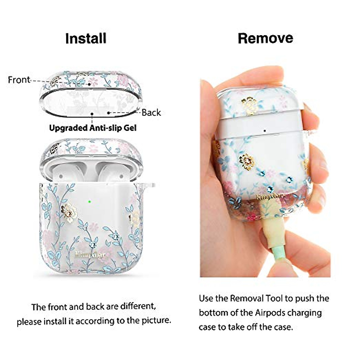 KINGXBAR Queenxbar Airpods Case Cover, Clear Hard PC Airpods Cover Sparkle Crystals with AirPods Strap/Ear Hook/Watch Band Holder/Heart-Shaped Carabiner for Airpods 1 & 2(Front LED Visible)