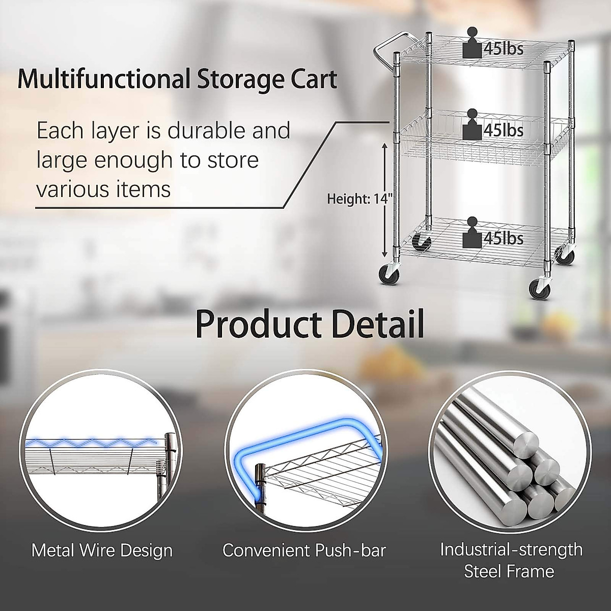 Giantex 3-Tier Rolling Utility Cart, Kitchen Island Cart on Wheels, with Handle Bar, Adjustable Shelves, Wire Mesh Microwave Cart for Utensils or Tableware, Commercial Grade Serving Cart (Silver)