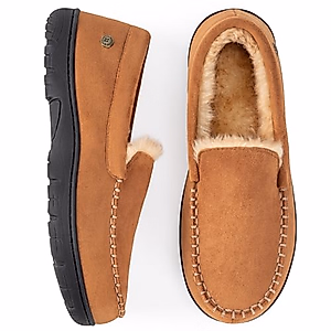 HomeTop Men's Classic Memory Foam Moccasin Slippers, Warm Comfy Microsuede House Shoes for Indoor Outdoor Chestnut, 11 US
