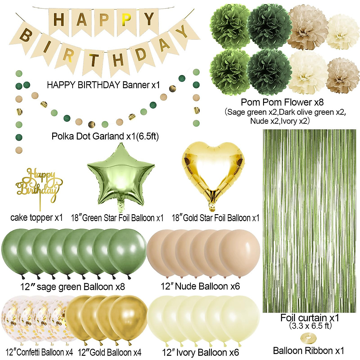 Lasocy Sage Green Happy Birthday Party Decorations Sage olive green Gold Retro Green Balloons Nude Happy Birthday Banner Neutral Rustic Botanical Greenery Décor Supplies for Women Girls Baby