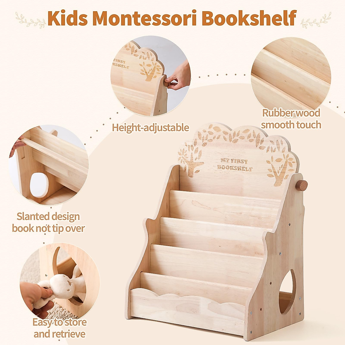 WOODEN TEETHER Kids Bookshelf Rubber Wood 5-Tier Montessori Bookshelf for Kids Durable Bookcase with Chalkboard & Storage Book Shelf Display Rack for Nursery Kids Room