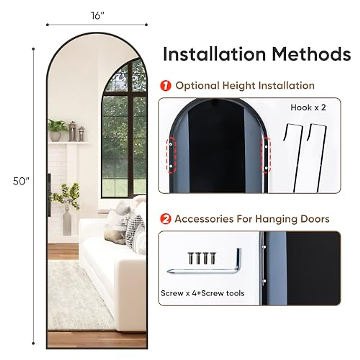 Antok Over The Door Mirror Full Length, 50"x16" Arched Top, Black, Modern Style, Space Theme, Explosion Proof, Tempered Glass, Wall & Door Hanging, Bedroom, Bathroom, Living Room