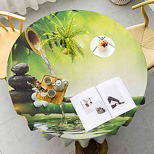 Spa Tablecloth - 60 Inch Multifunctional Round Tablecloth Meditation and Zen Picture of Bamboo Stalks Candle and Basalt Stones Theraphy Relaxing Foldable Multicolor