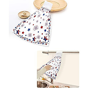 ZFUNCING Hand Tie Towel Set of 2,Memorial Day Patriotic Blue and Red Star Hanging Kitchen Towels with Loop,Absorbent Tea Bar Dish Towel Fast Drying Towels for Bathroom,Swirling Stripe on White