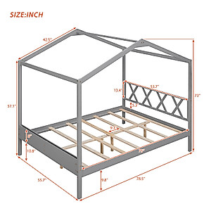 Bellemave Full Size House Beds Kids Montessori Bed with Headboard and Storage Footboard Wood Cabin Frame for Girls Boys Teens, Gray