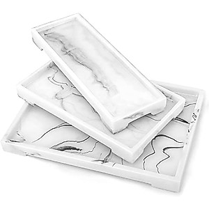 Luxspire Bathroom Vanity Tray, Toilet Tank Tray, Kitchen Sink Trays, 11" x 4" Resin Rectangle Bathroom Tray for Counter, Marble Tray for Soap Dispenser Perfume Jewelry, Small, White Marble