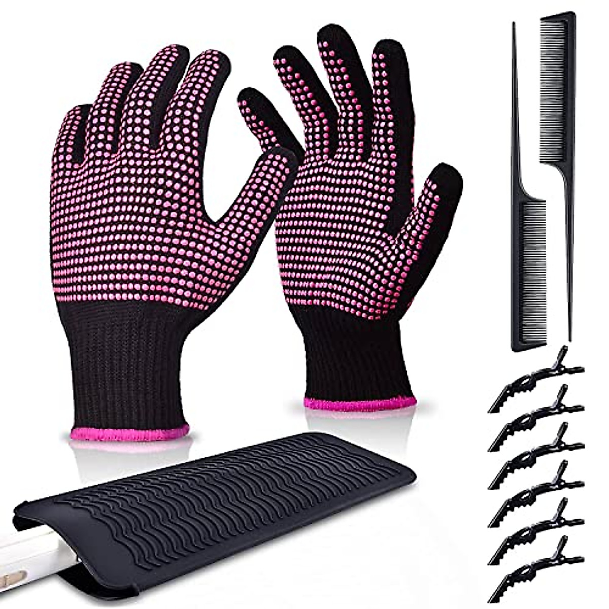 ARRITZ 2Pcs Heat Gloves for Hair Styling, Professional Curling Iron Gloves with Heat Resistant Silicone Mat Pouch, 6pcs Hair Clips, 2pcs Combs