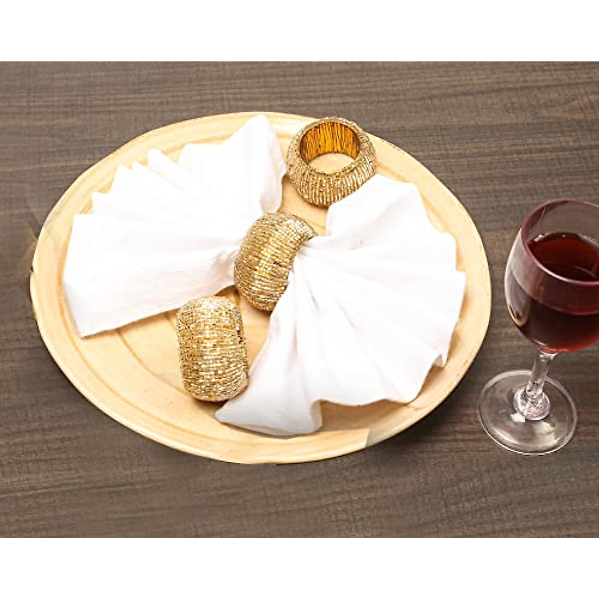 Goroly Home Beaded Napkin Rings Set of 4, Hand Made Round Beaded Napkin Rings Perfect for Christmas, Thanksgiving, Family Gatherings - A Beautiful Complements to Your Dinner Table Décor - Gold