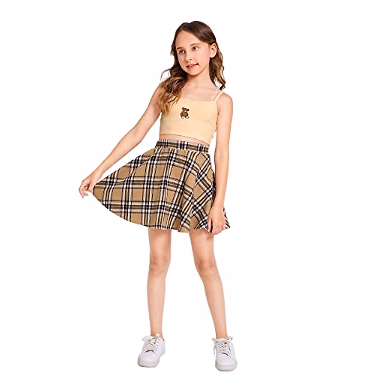 WDIRARA Girl's 2 Piece Cute Outfits Cartoon Print Cami Top and Plaid Skirt Set Multicolored 11-12Y
