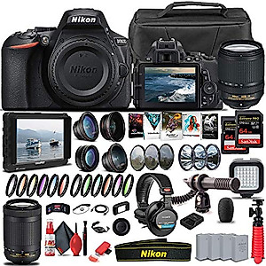 Nikon D5600 DSLR Camera with 18-140mm Lens (1577) + Nikon 70-300mm Lens + 4K Monitor + Pro Headphones + Pro Mic + 2 x 64GB Memory Card + Case + Corel Photo Software + Pro Tripod + More (Renewed)