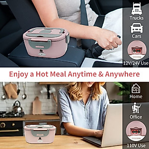Electric Lunch Box Food Heater, Upgraded 80W Food Heated Electric Heating Lunch Box, 3 in 1 12V 24V 110-220V Portable Food Warmer Lunch Box with 304 SS Container Fork Spoon & Insulated Bag (Pink)