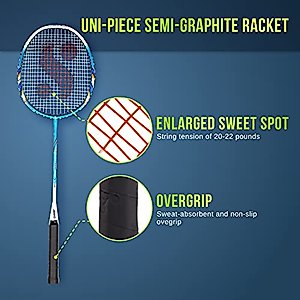 Silver’s 4 Player Uni-Piece Semi-Graphite Badminton Racket Set | Includes 4 Rackets, 2 Badminton Bags, 6 Nylon Shuttlecocks and 2 Extra Replacement Overgrip Tapes.