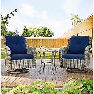 Joyside Outdoor Swivel Rocker Patio Chairs Set of 2 and Matching Side Table - 3 Piece Wicker Patio Bistro Set with Premium & Soft Fabric Cushions(Mixed Grey/Blue)