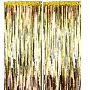2 Pack 3.2 ft x 9.8 ft Champagne Gold Gold Tinsel Curtain Party Backdrop Decorations, Metallic Foil Fringe Backdrop Door for Birthday Graduation Wedding Party Streamers Photo Backdrop.